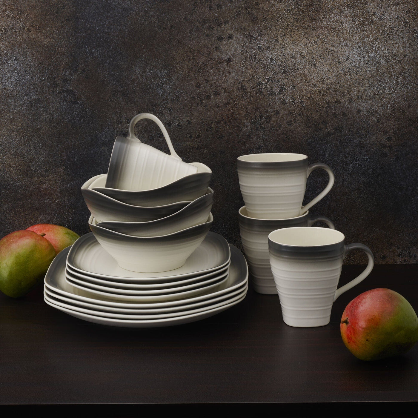 Swirl Ombre Graphite Square 16 Piece Dinnerware Set, Service for 4