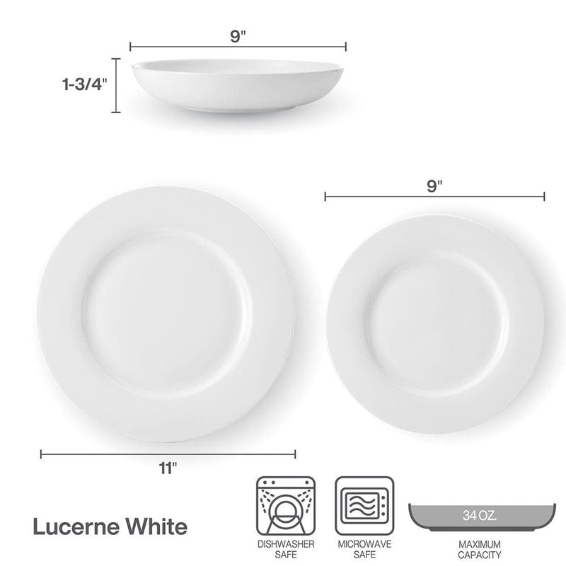 Lucerne White 12 Piece Dinnerware Pasta Bowl Set, Service for 4