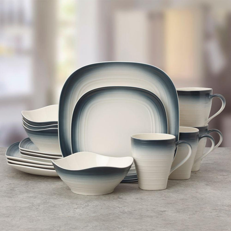 Swirl Ombre Blue Square 16 Piece Dinnerware Set, Service for 4
